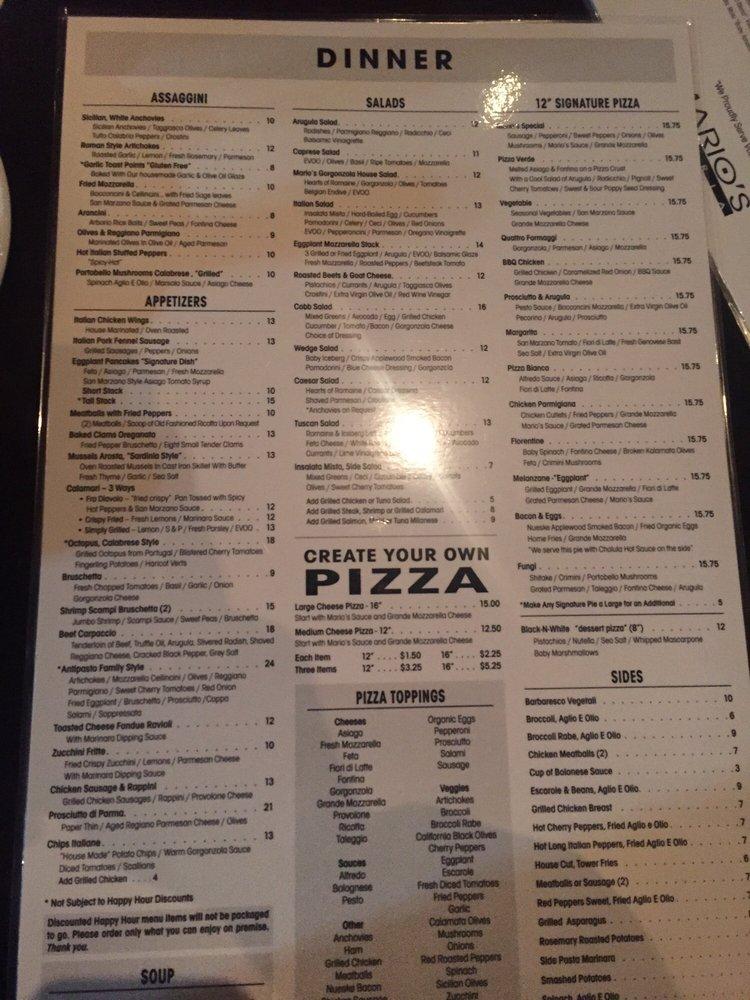 Menu at Mario's Osteria pizzeria, Boca Raton