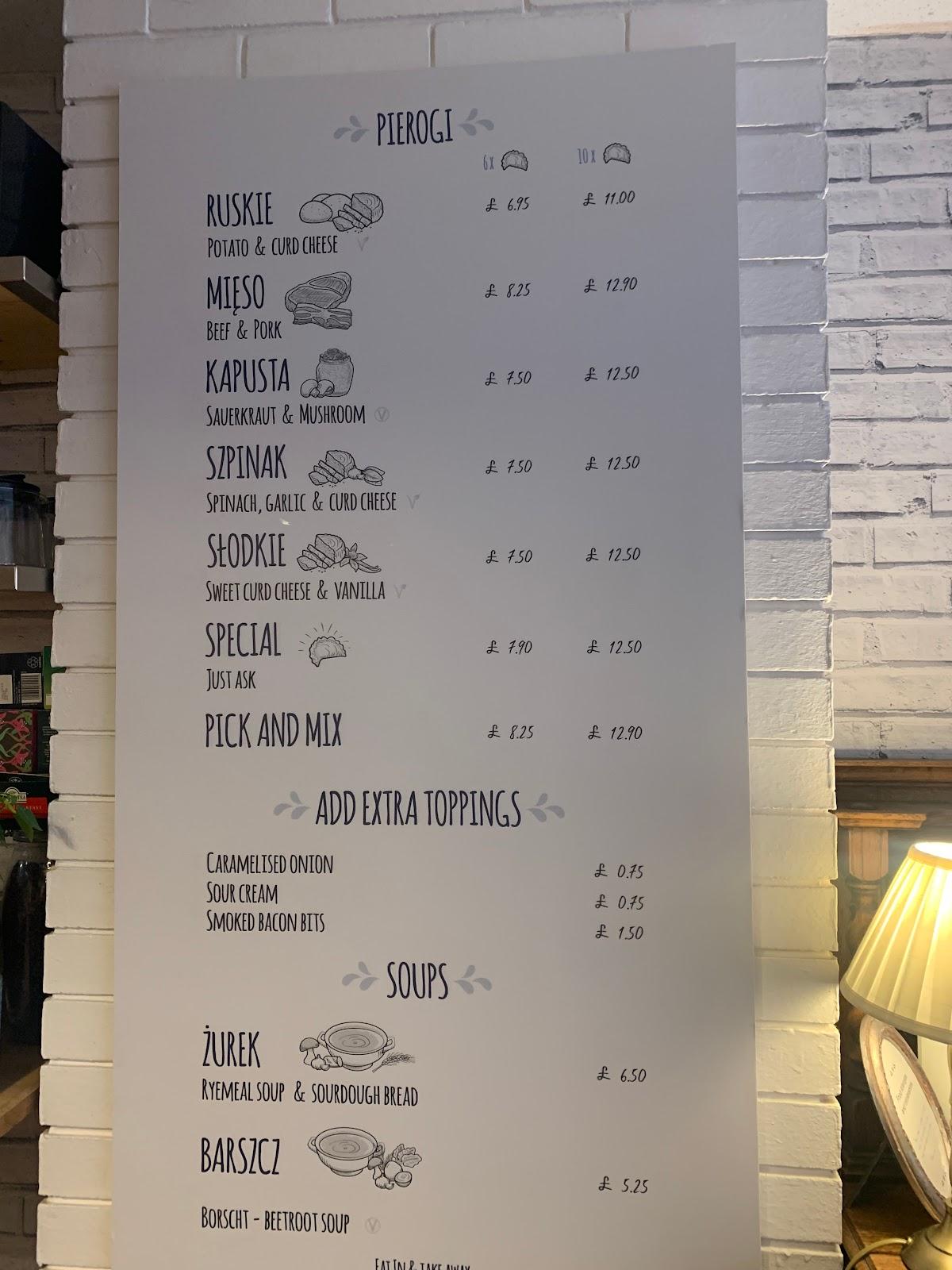 Menu at Pierogi Handmade Polish Dumplings restaurant, Chester