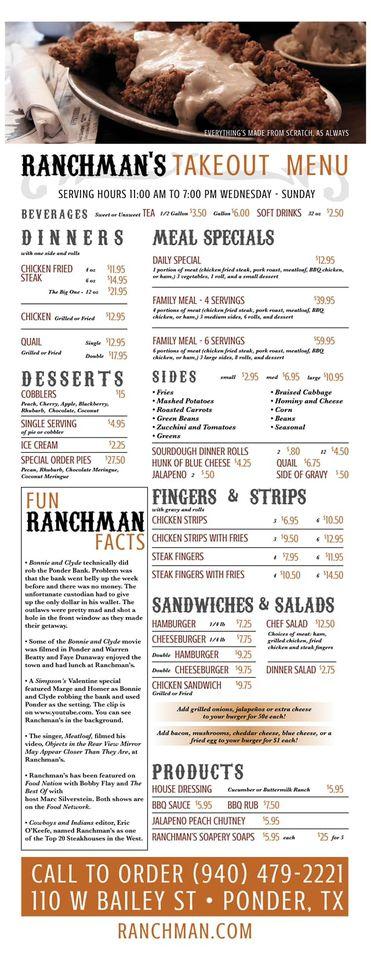Menu at Ranchman's Ponder Steakhouse, Ponder
