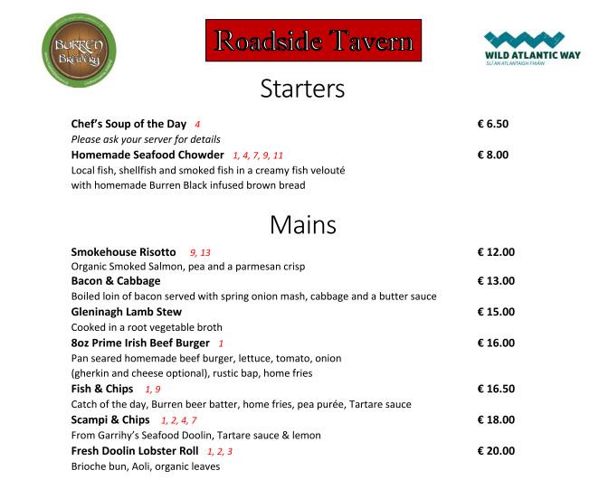 Menu at Roadside Tavern pub & bar, Lisdoonvarna, Kincora Road