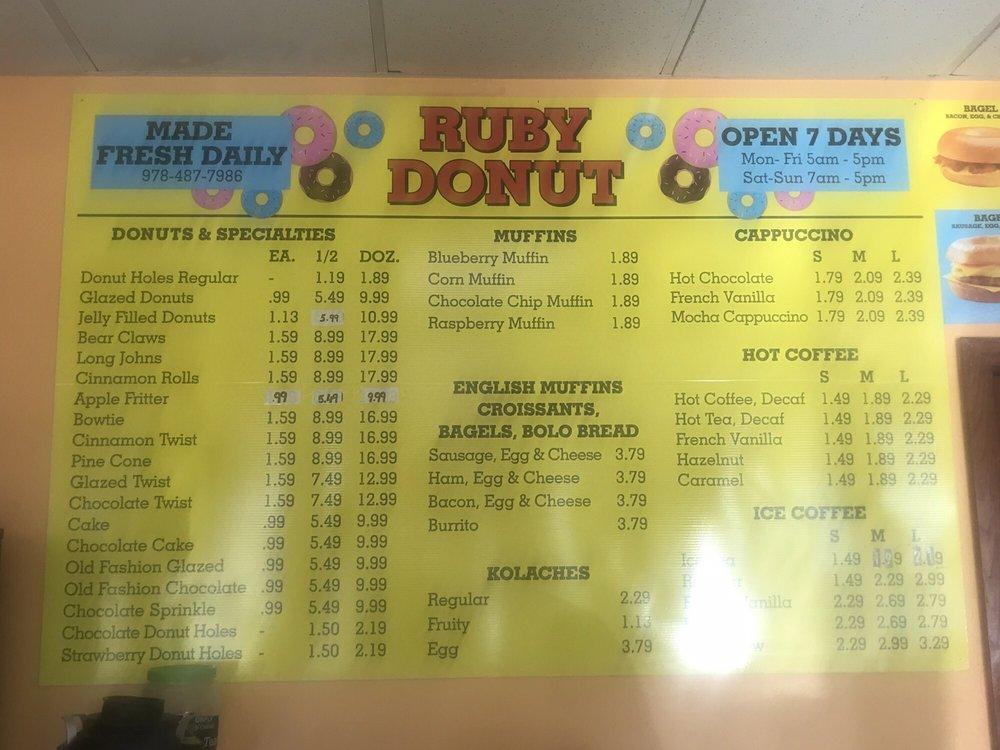 Menu at Ruby donut shop cafe, Ayer