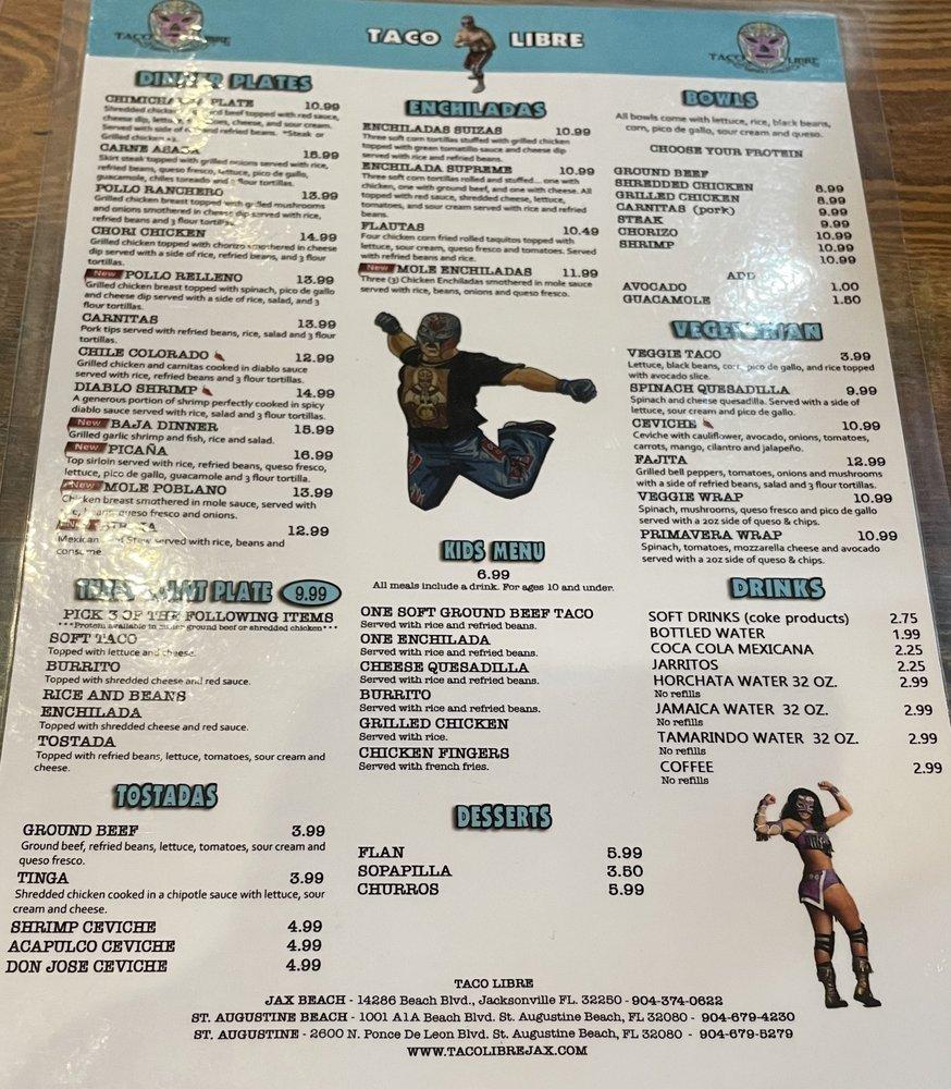 Menu at Taco Libre #3 restaurant, St. Augustine, N Ponce De Leon Blvd