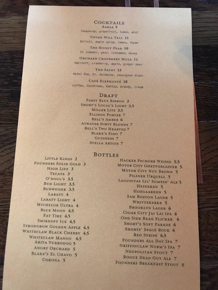 Menu at The Elephant Room restaurant, Detroit