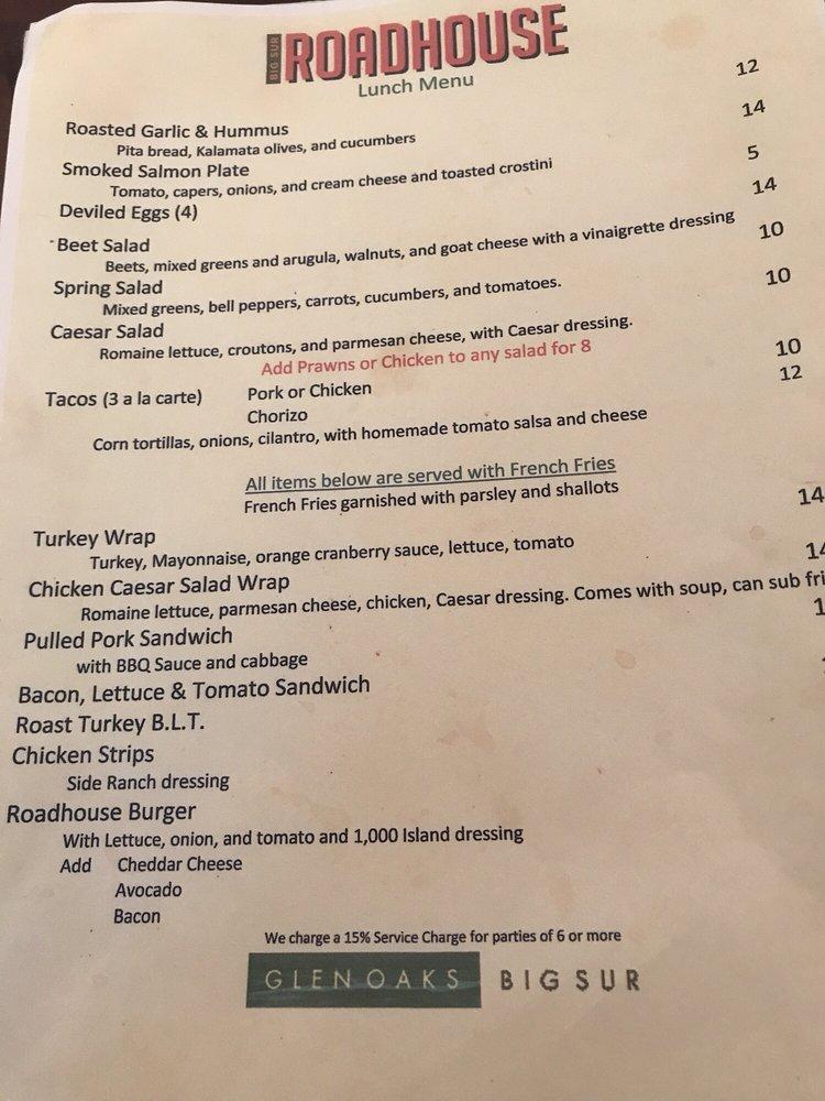 Menu at Big Sur Roadhouse restaurant, Big Sur
