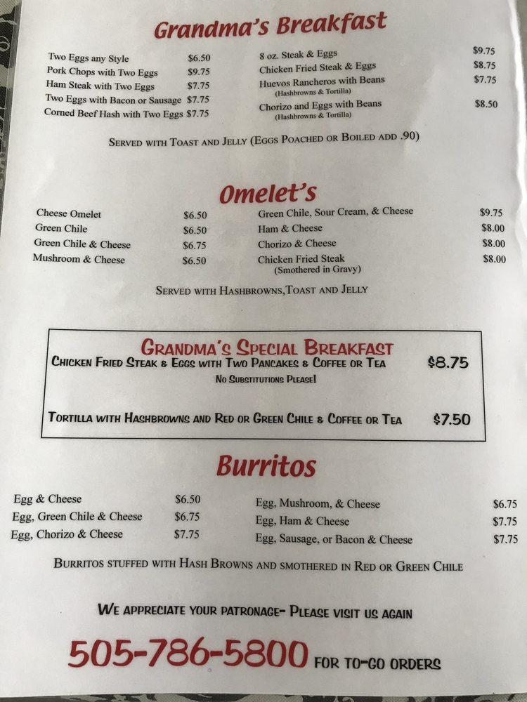 Menu at Grandma's Restaurant, Gallup