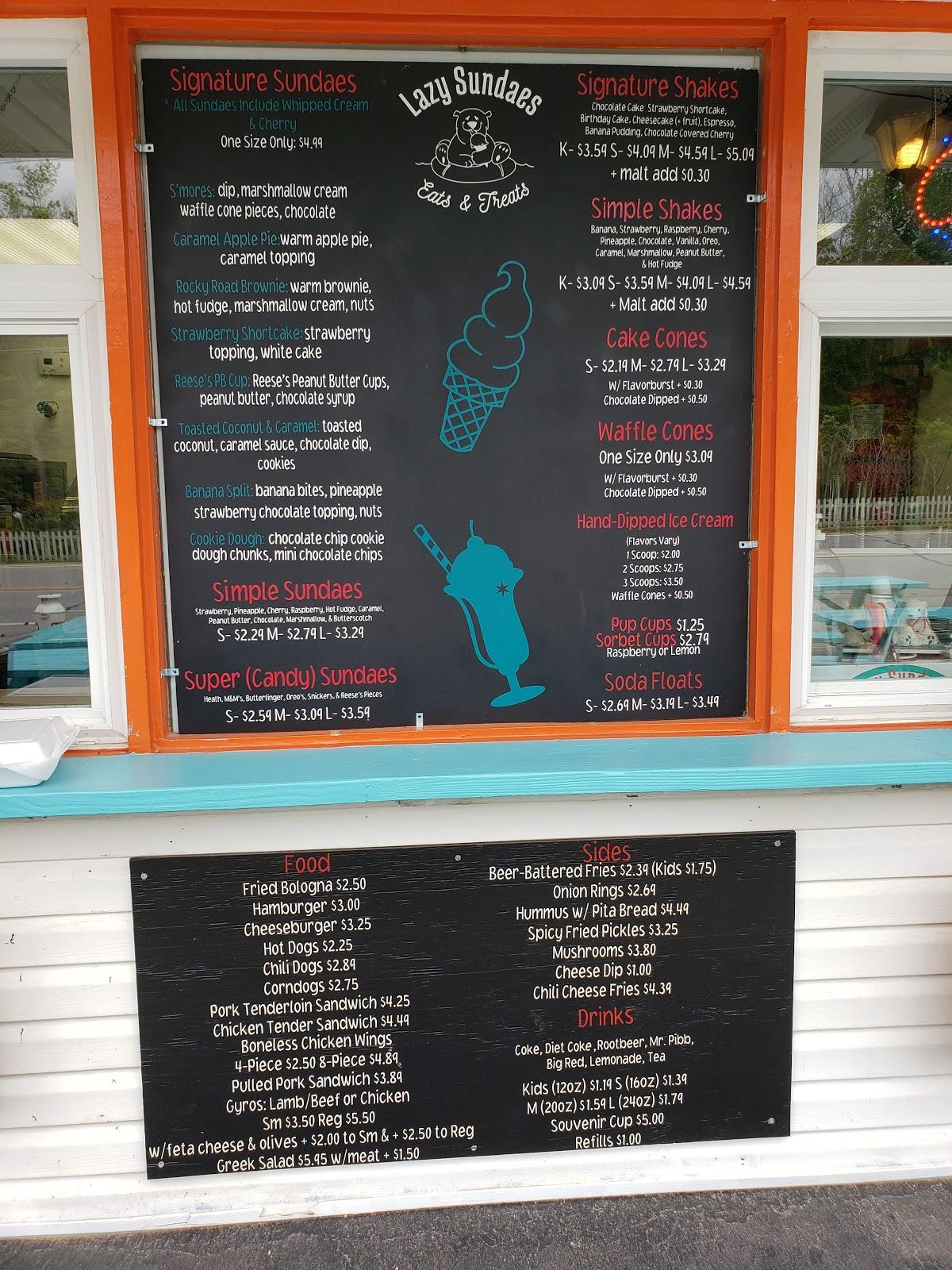 Menu at Lazy Sundaes restaurant, Georgetown