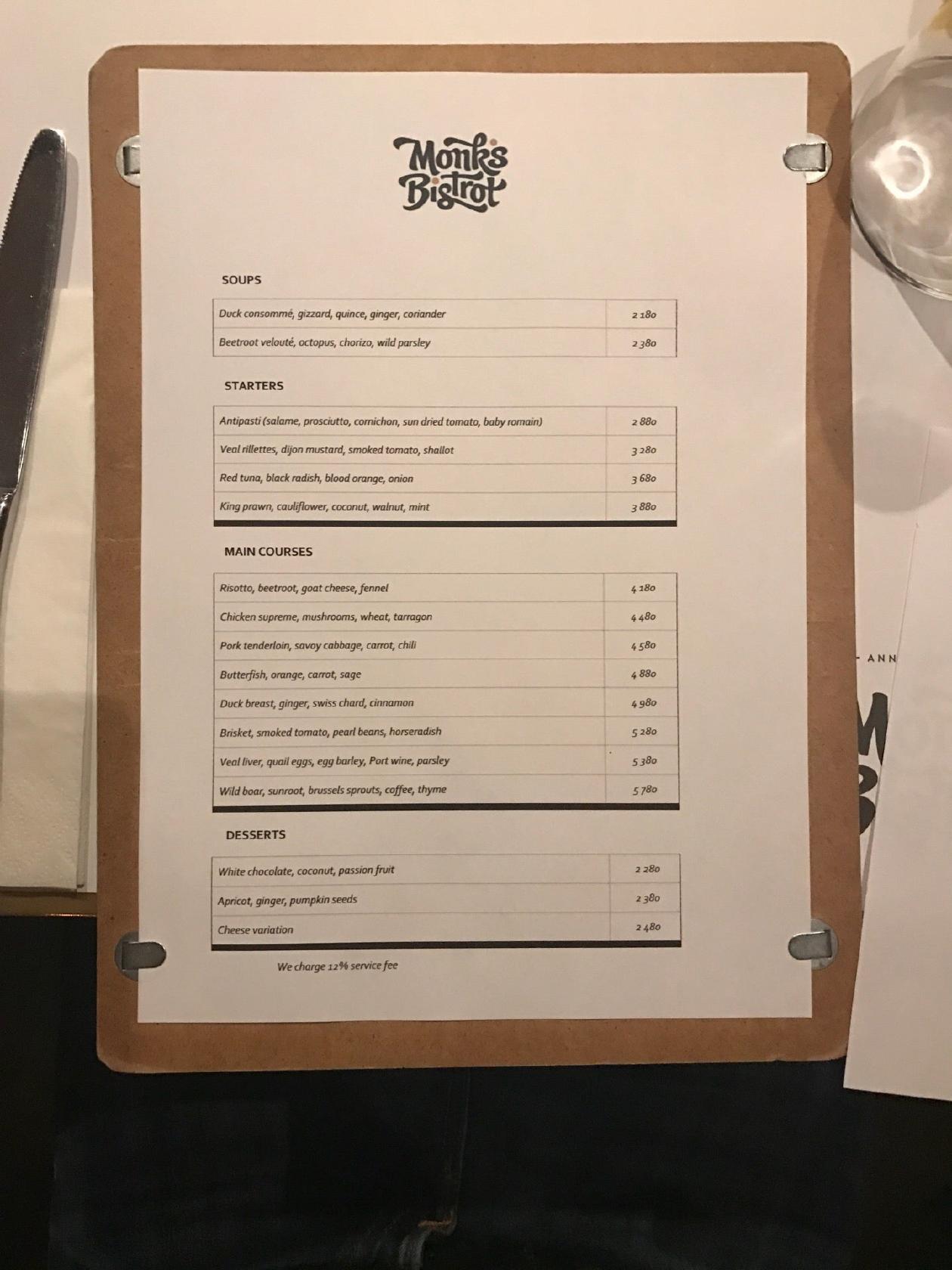 Menu at Monk's Bistrot restaurant, Budapest