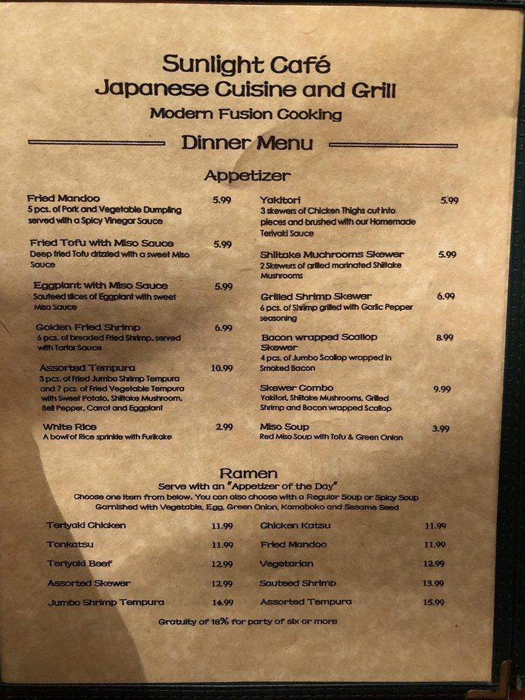 Menu at Sunlight Café restaurant, Hilo, Kilauea Ave