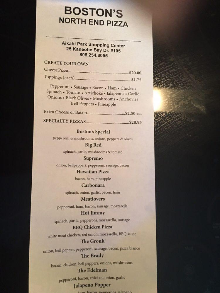 Menu at Boston's Pizza pizzeria, Kailua