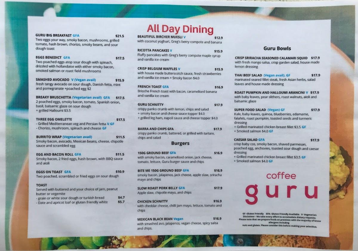 Menu at Coffee Guru Brookwater cafe, Brookwater