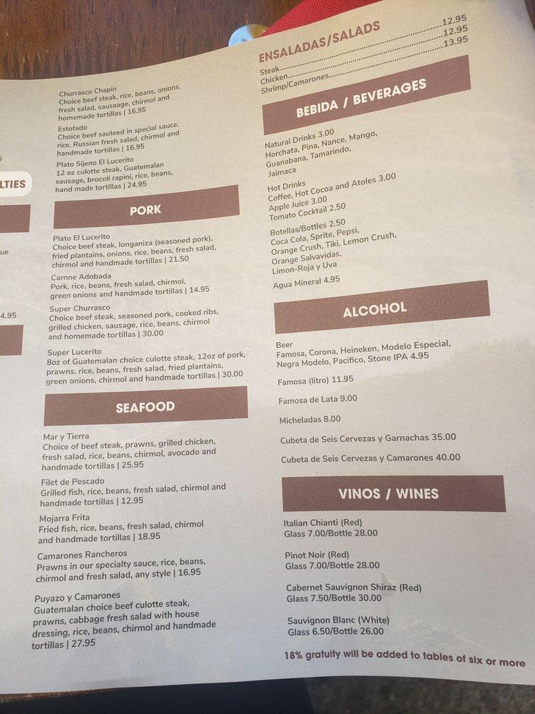 Menu at El Lucerito restaurant, San Rafael