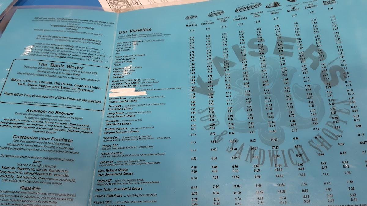 Menu au Kaiser's Sub & Sandwich Shoppe restaurant, Lower Sackville