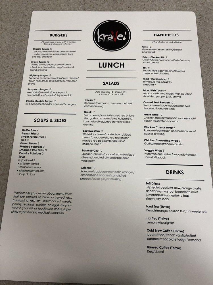 Menu at Krave restaurant, Lapeer