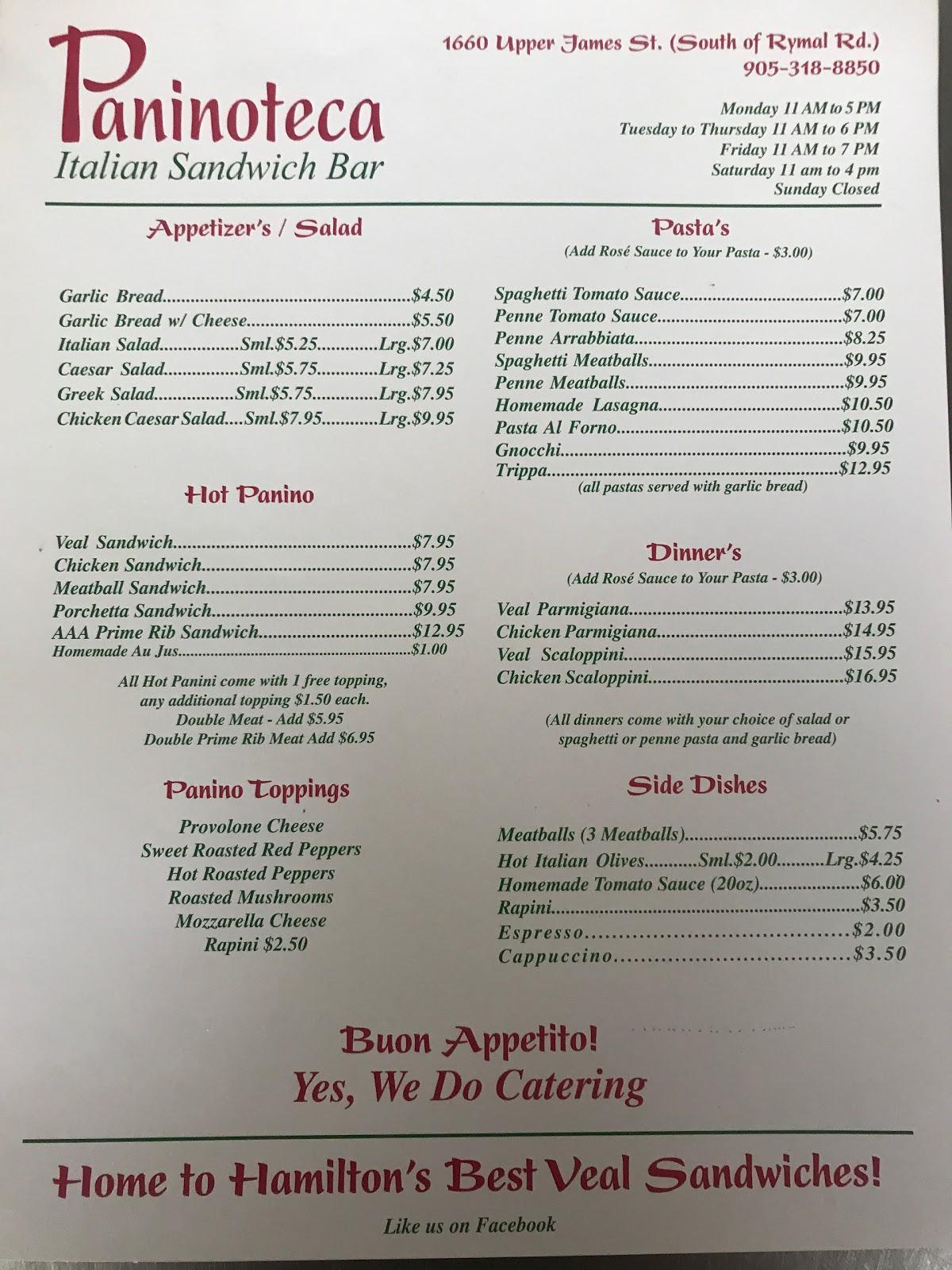 Menu at Paninoteca restaurant, Hamilton