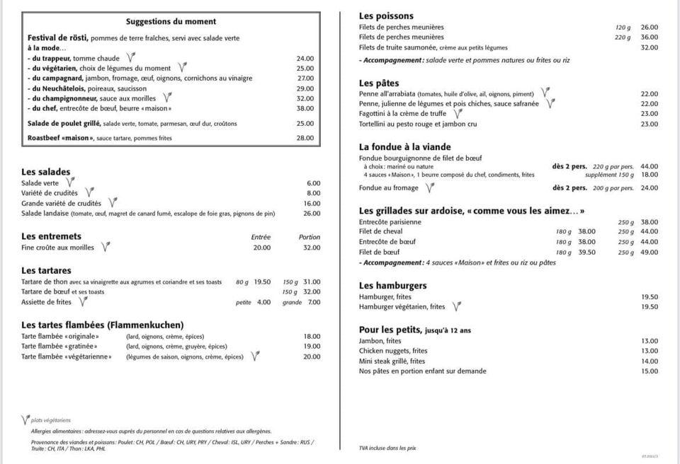 Carta de Restaurant Le Pilotis, Cortaillod