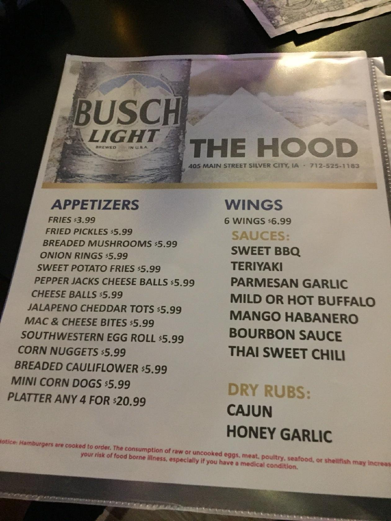 Menu at The Hood pub & bar, Silver City, 405 Main St
