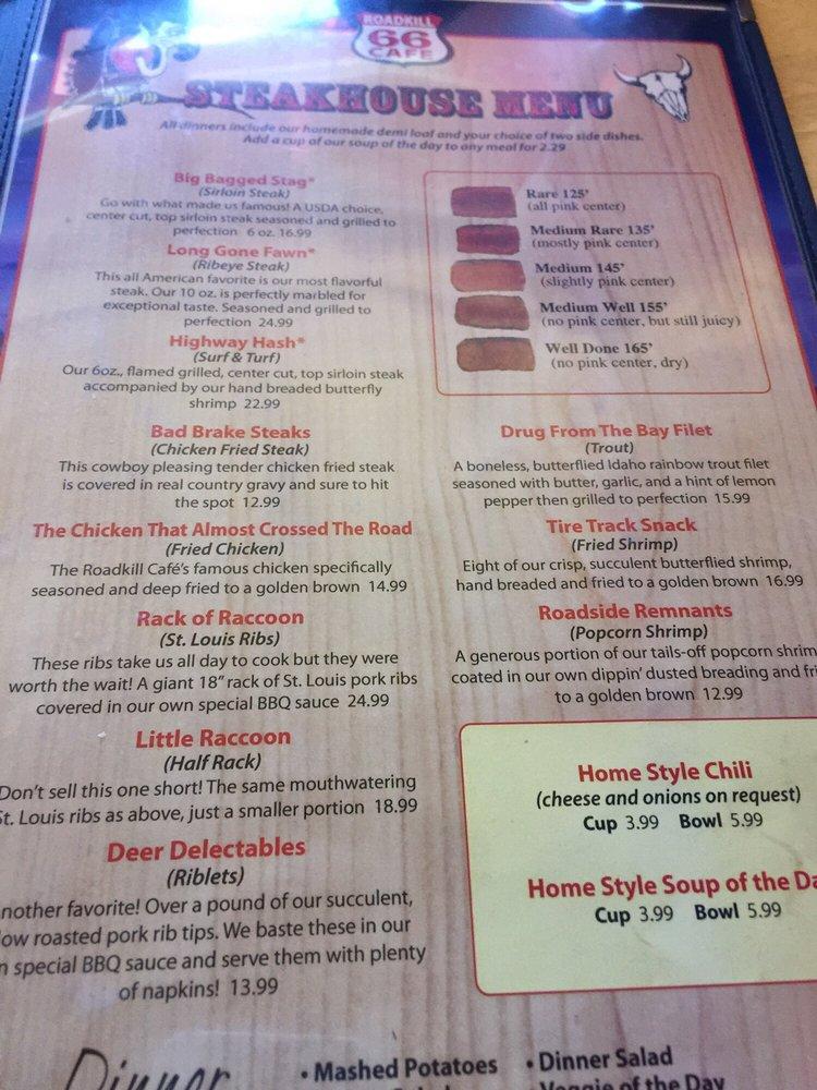 Menu at The Roadkill Cafe/O.K. Saloon, Seligman