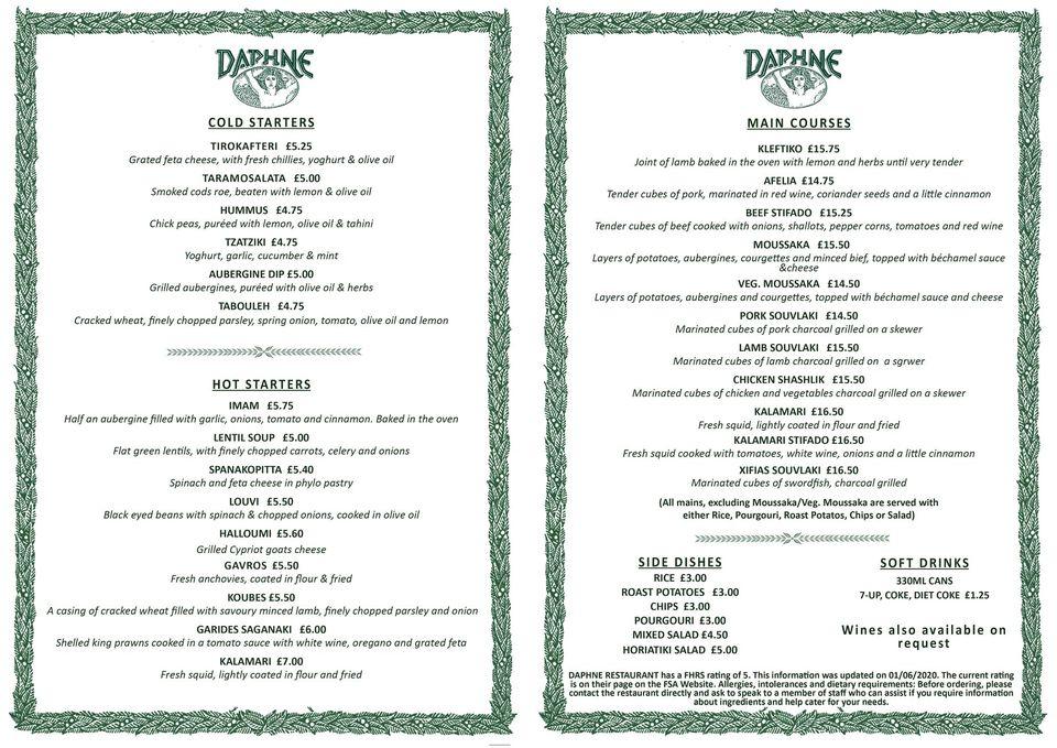 Menu at Daphne Restaurant, London, 83 Bayham St
