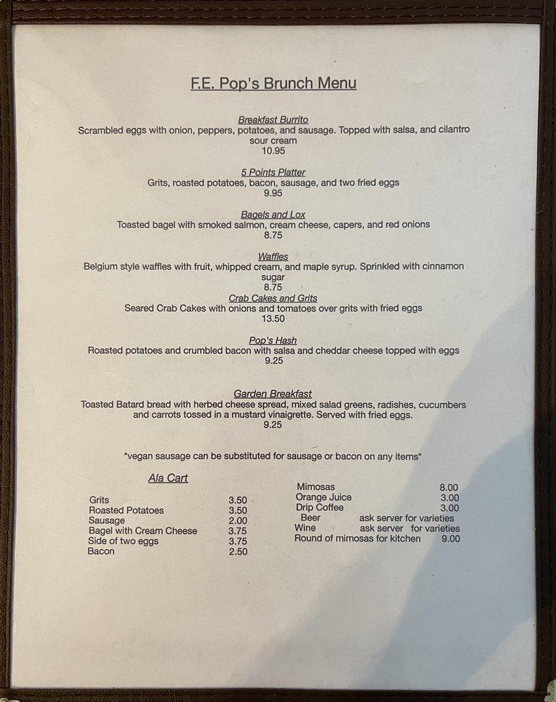 Menu at F. E. Pop's at 5 Points restaurant, Florence