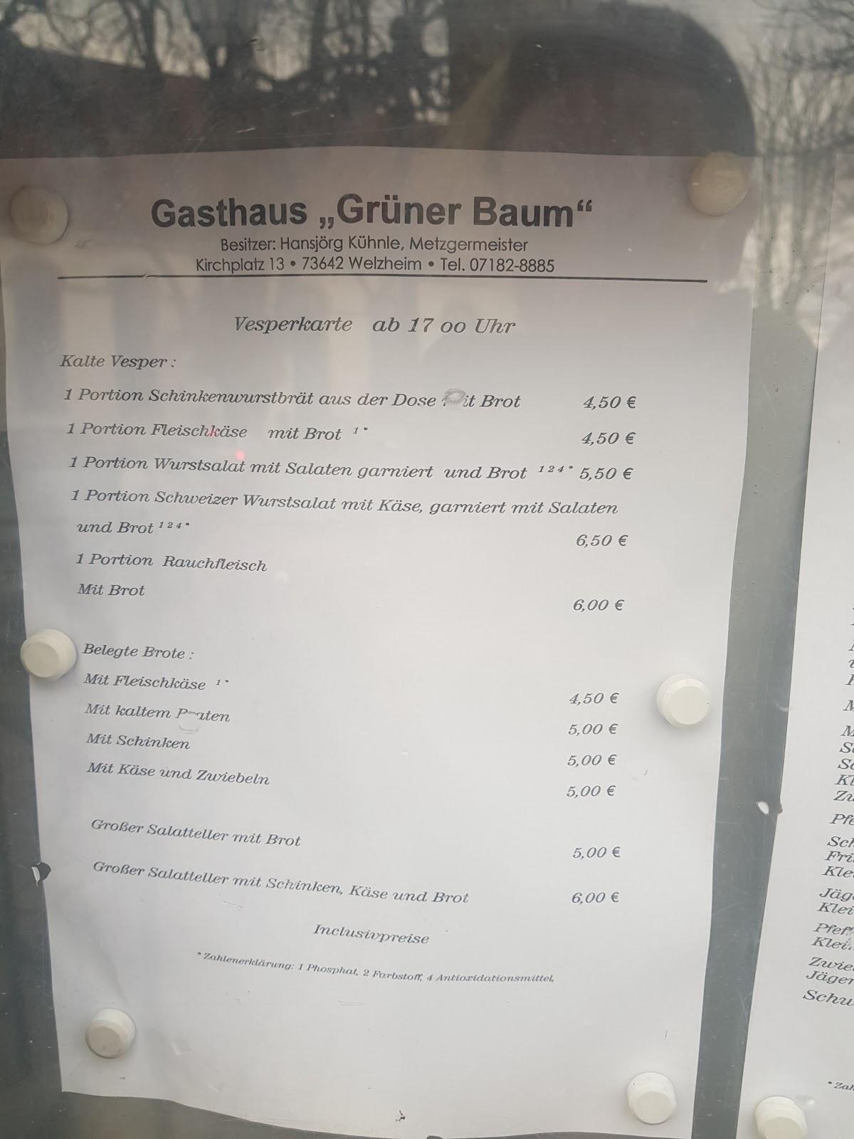 Menu at Hansjörg Kühnle Gasthaus Grüner Baum restaurant, Welzheim
