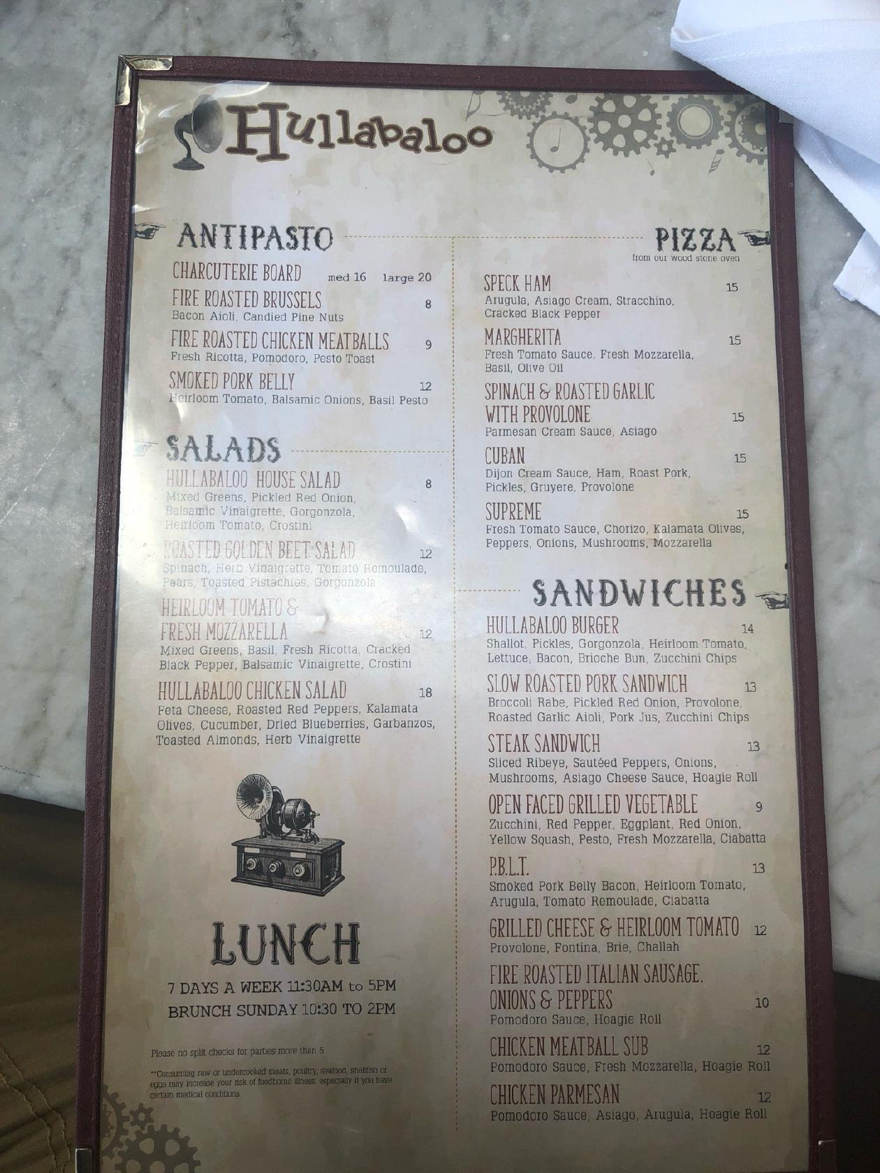 Menu at Hullabaloo pub & bar, West Palm Beach