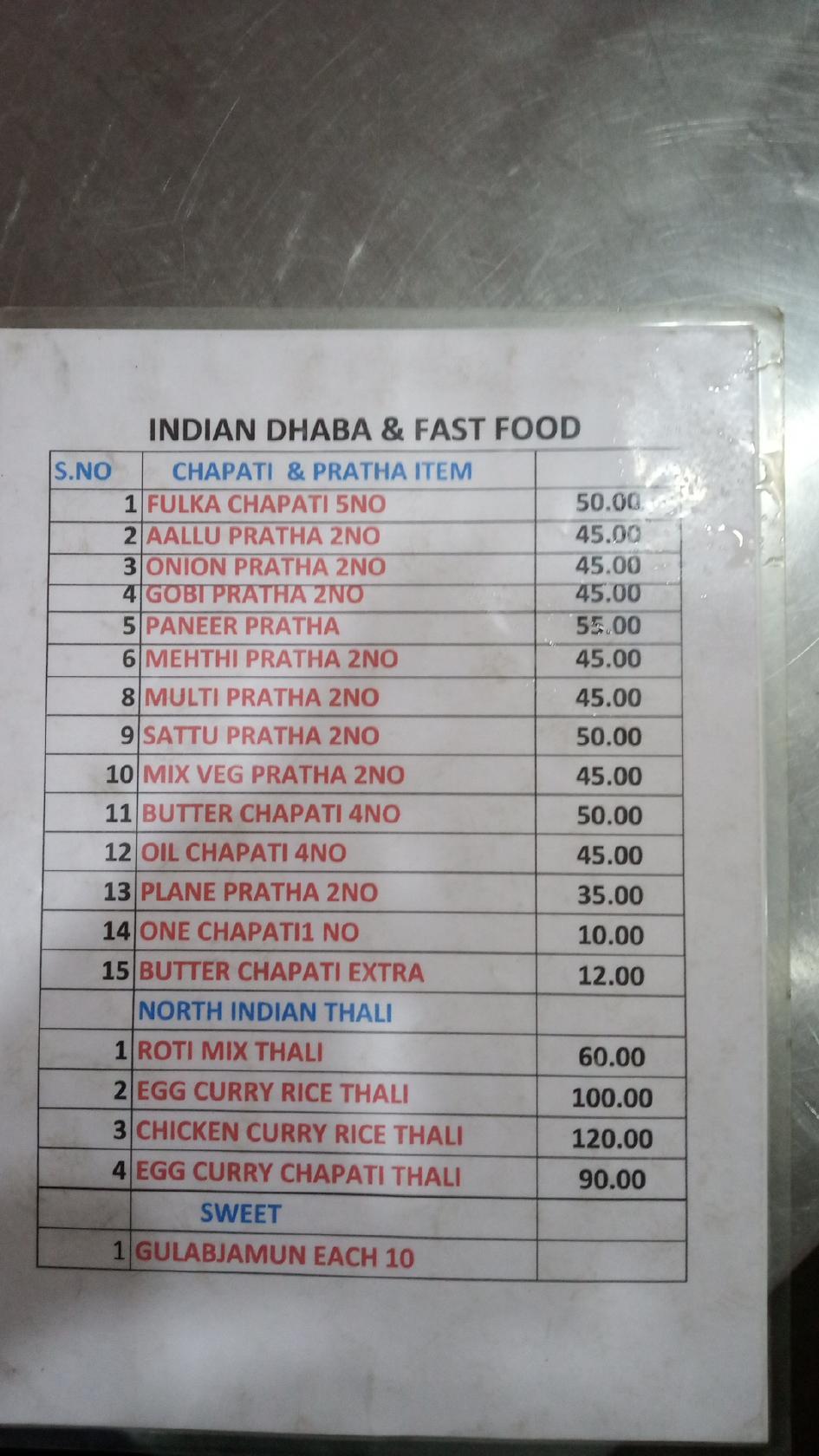 Menu at Indian Dhaba & Fast Food, Chennai