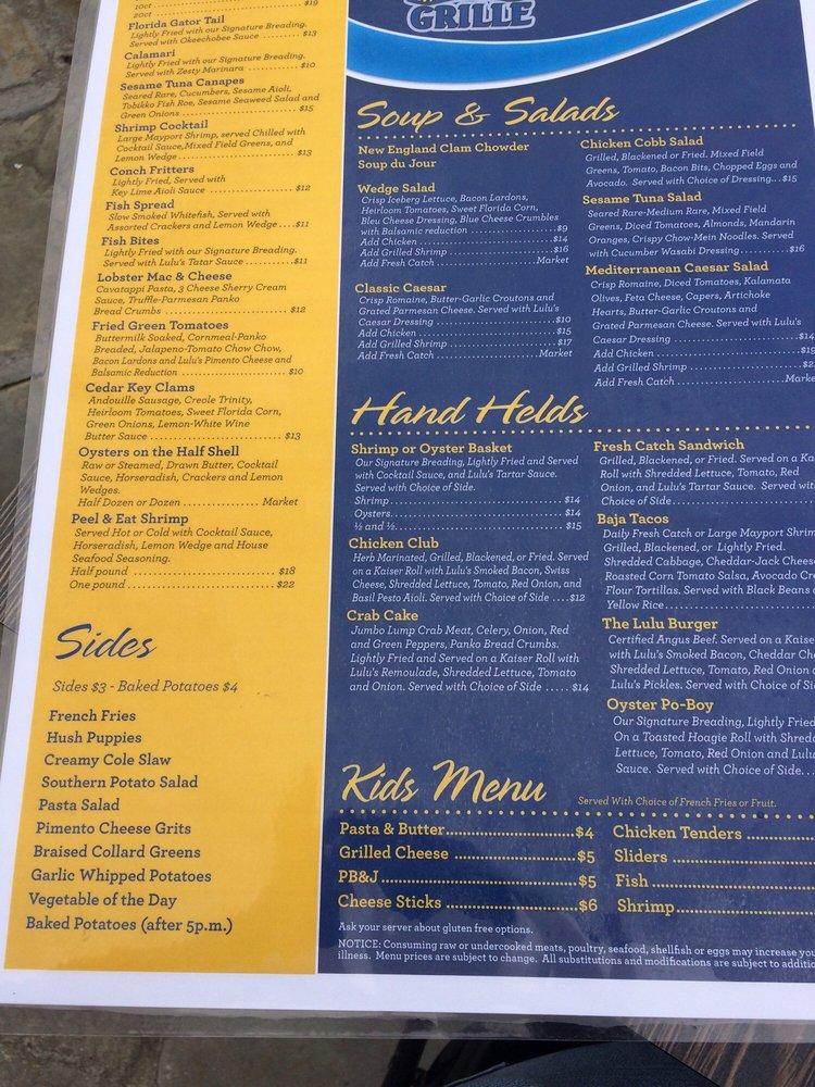 Menu at LuLu's Waterfront Grille restaurant, Ponte Vedra Beach