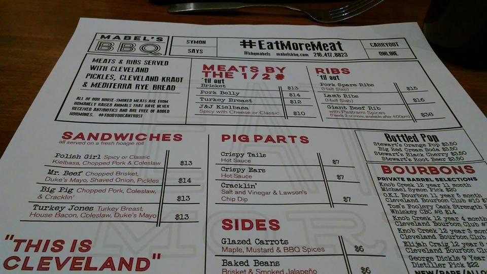 Menu at Mabel's BBQ, Cleveland