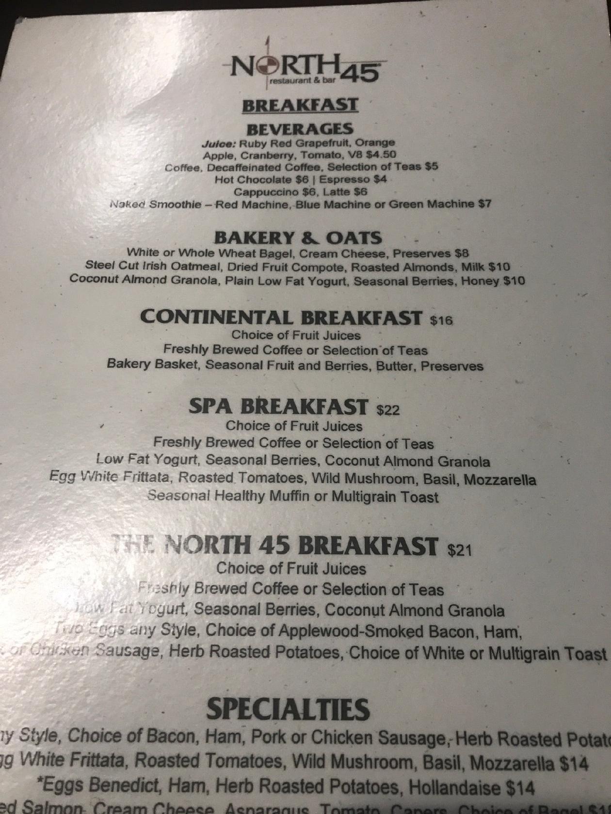 Menu at North 45˚ Restaurant and Bar, Minneapolis