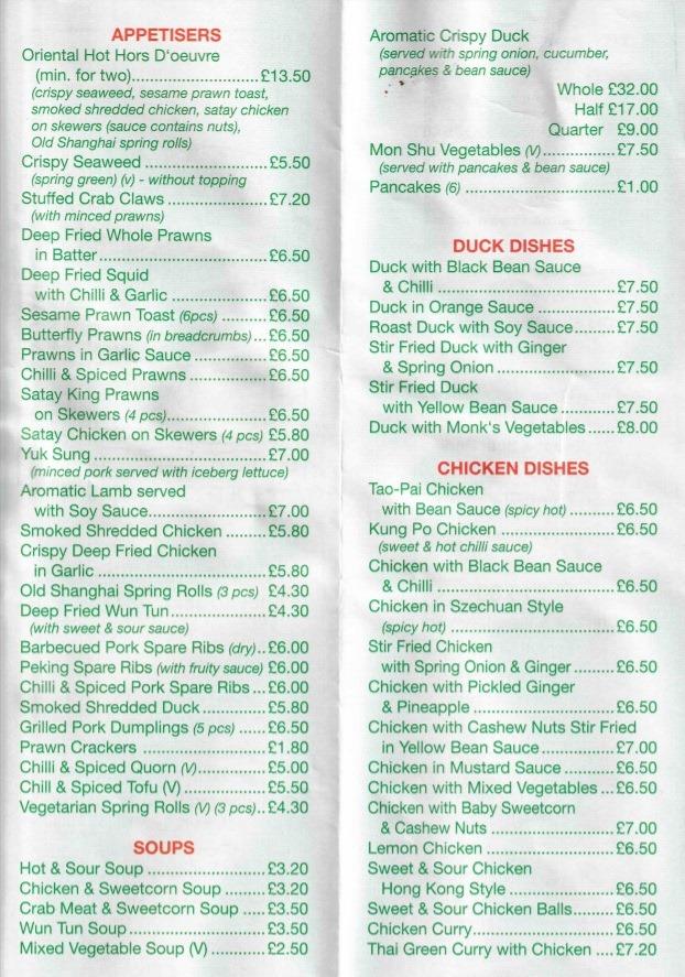 Menu at Old Shanghai restaurant, Olney