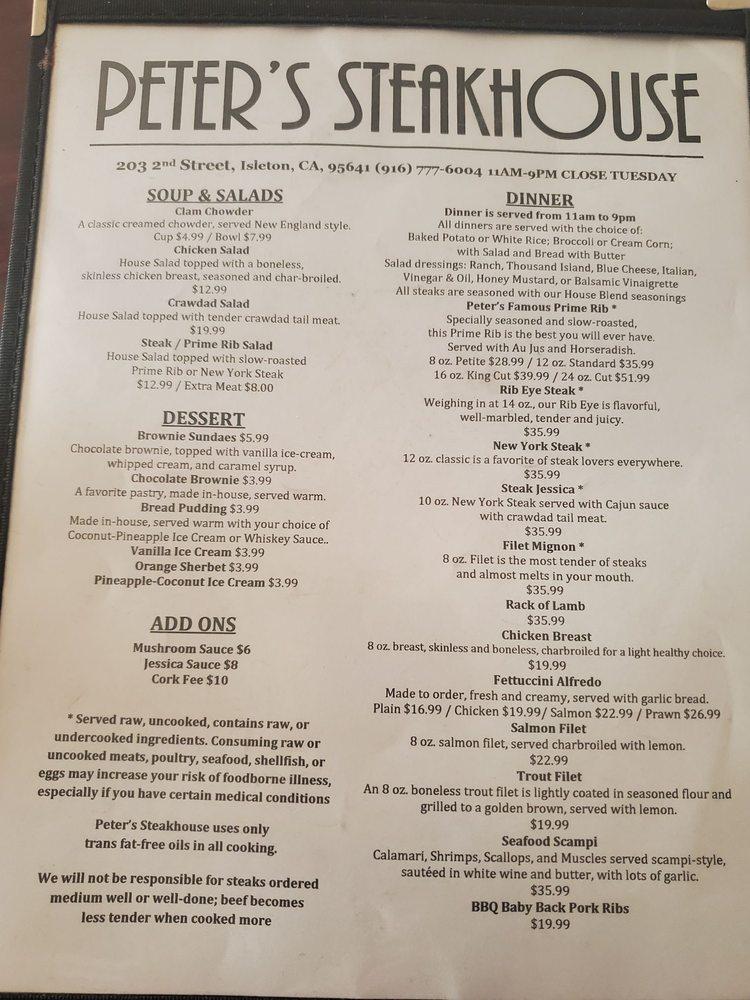 Menu at Peter's Steakhouse, Isleton