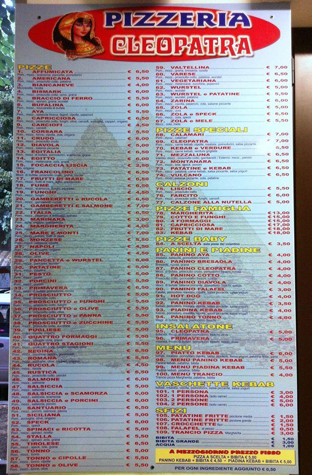 Menu at Pizzeria Cleopatra, Italy