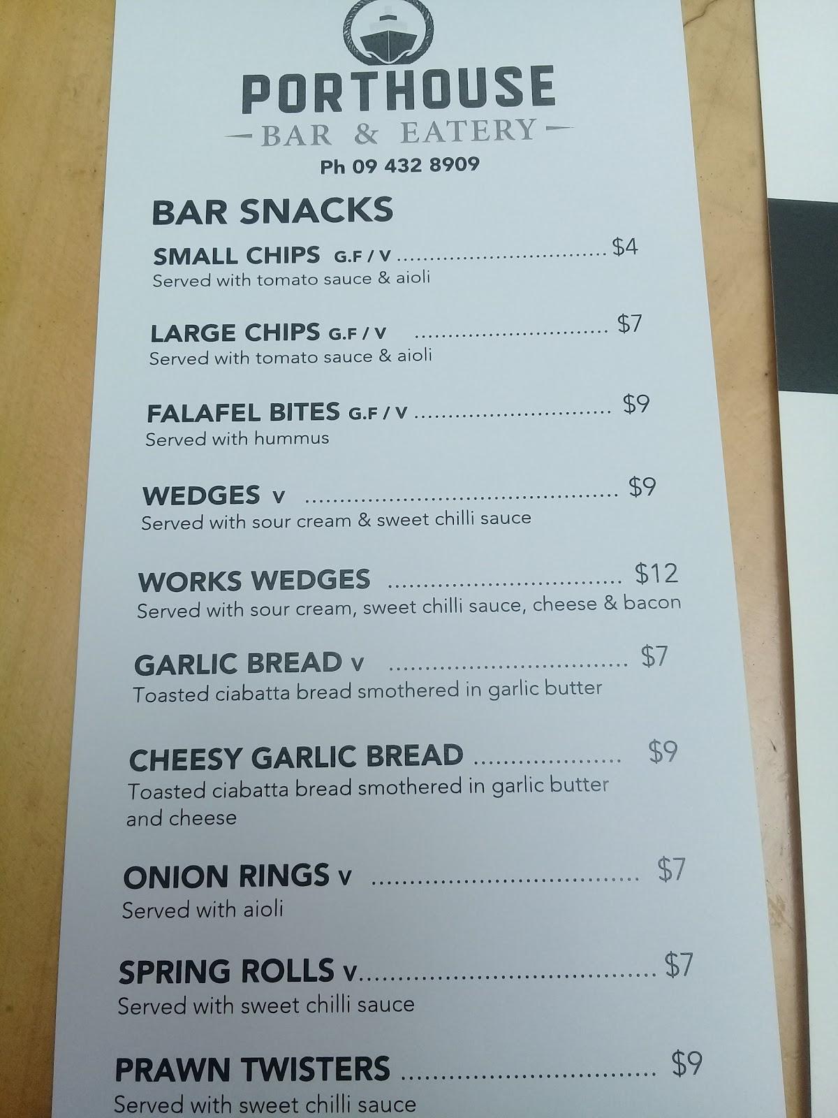 Menu at Porthouse Bar and Eatery, Ruakaka