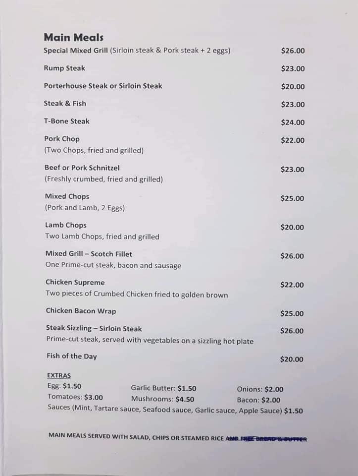 Menu at RMC Steakhouse, Porirua