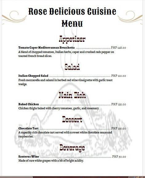 Menu at Rose Delicious Cuisine restaurant, Davao City
