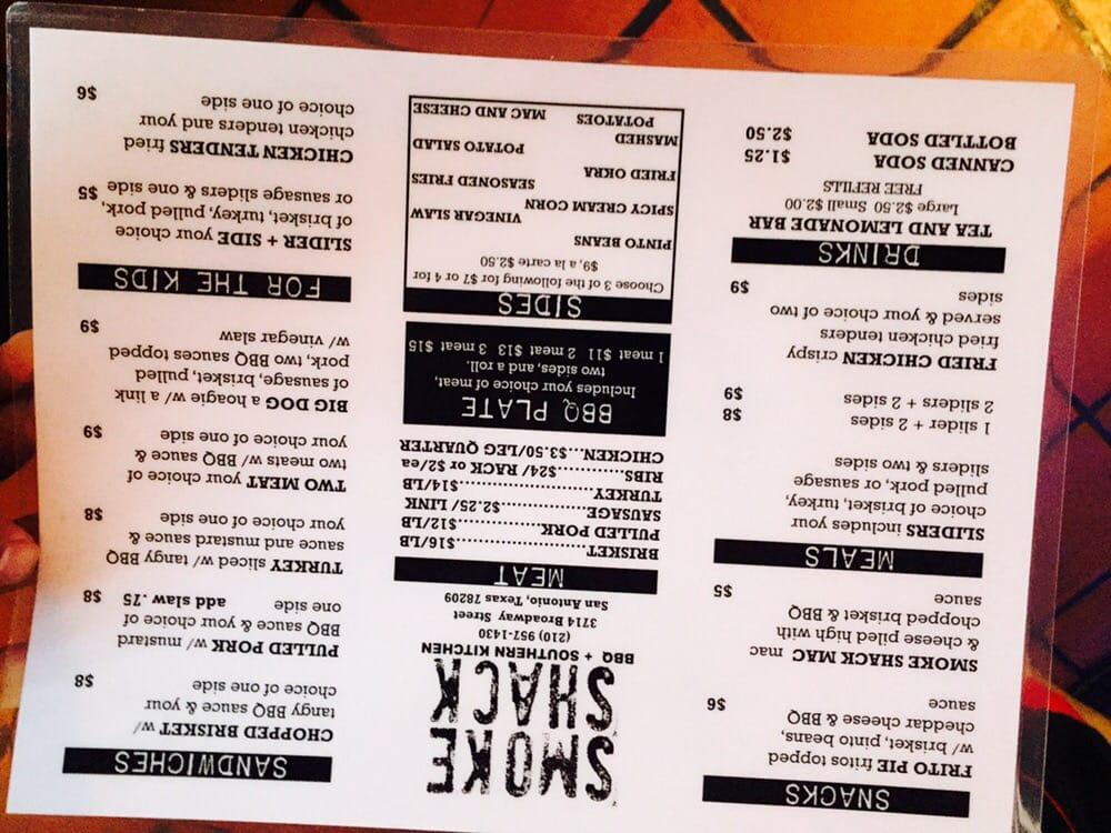 Menu at Smoke Shack BBQ, San Antonio