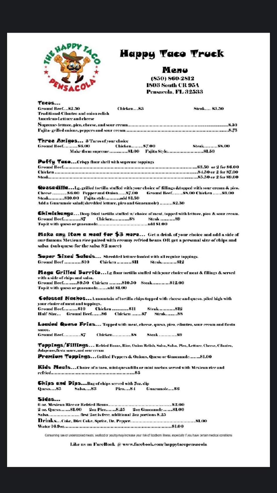 Menu at The Happy Taco restaurant, Cantonment