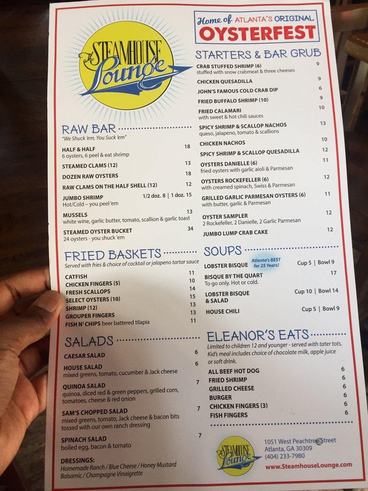 Menu at The Steamhouse Lounge pub & bar, Atlanta, W Peachtree St NW