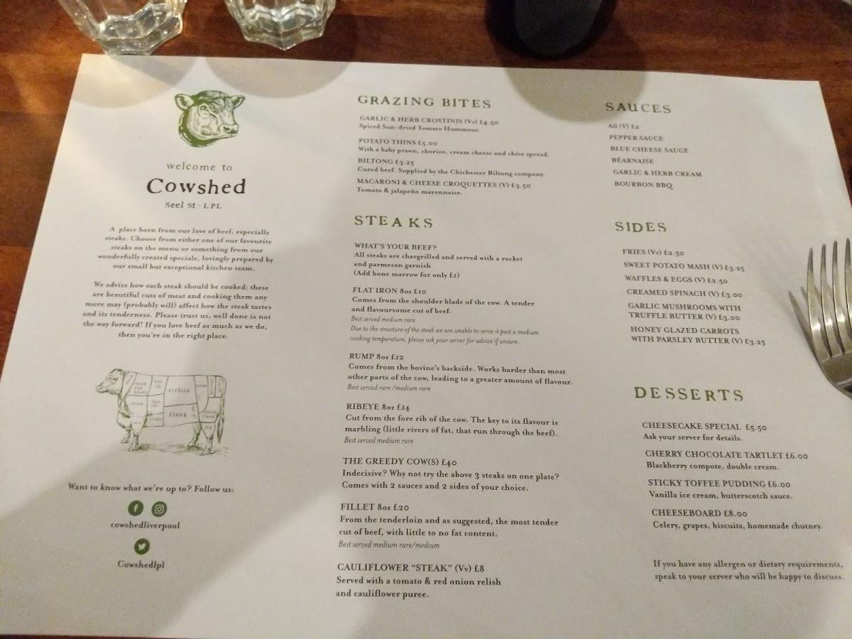Menu at Cowshed Liverpool steakhouse, Liverpool