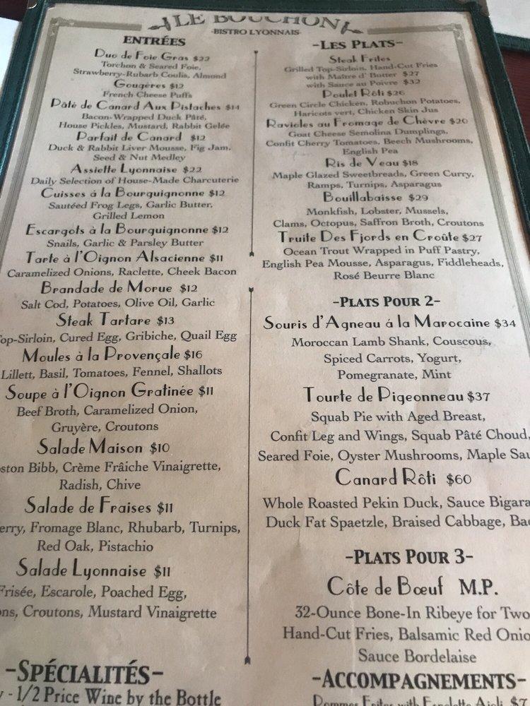 Menu at Le Bouchon restaurant, Chicago