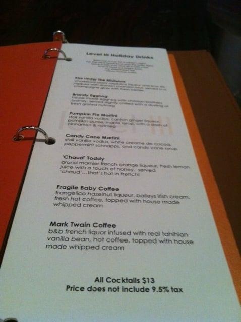 Menu at Level III Restaurant, San Francisco
