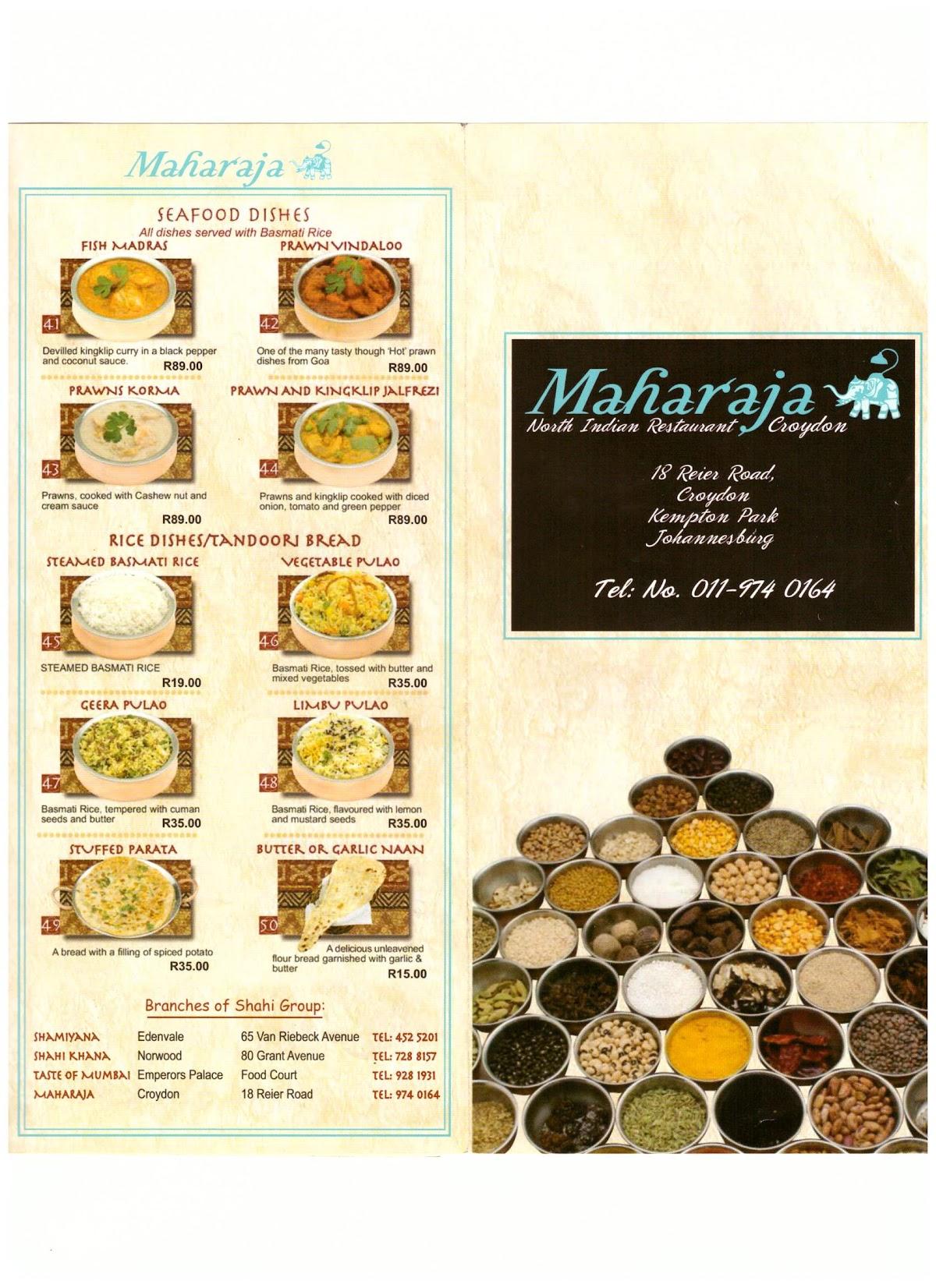 Menu at Maharaja Indian Restaurant, Kempton Park, 18 Reier St