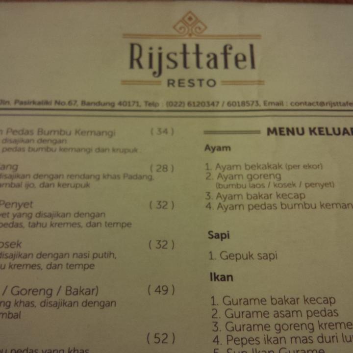 Menu at Rijsttafel Resto restaurant, Bandung