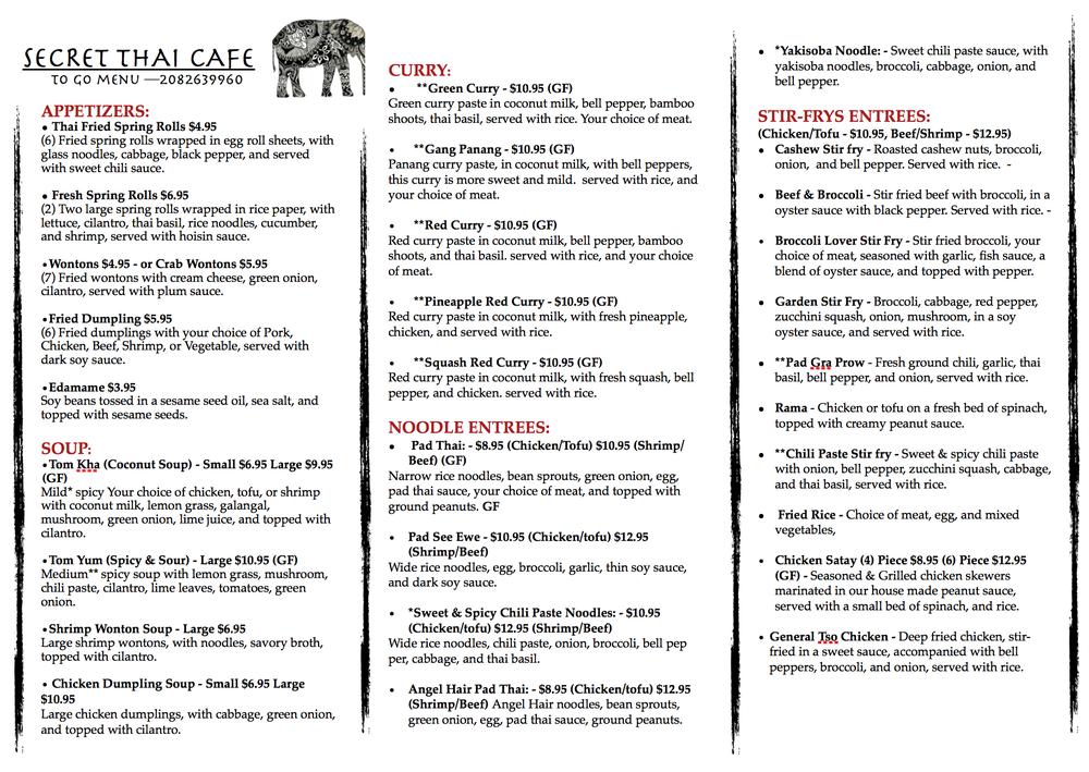 Menu at Secret Thai Cafe, Sandpoint