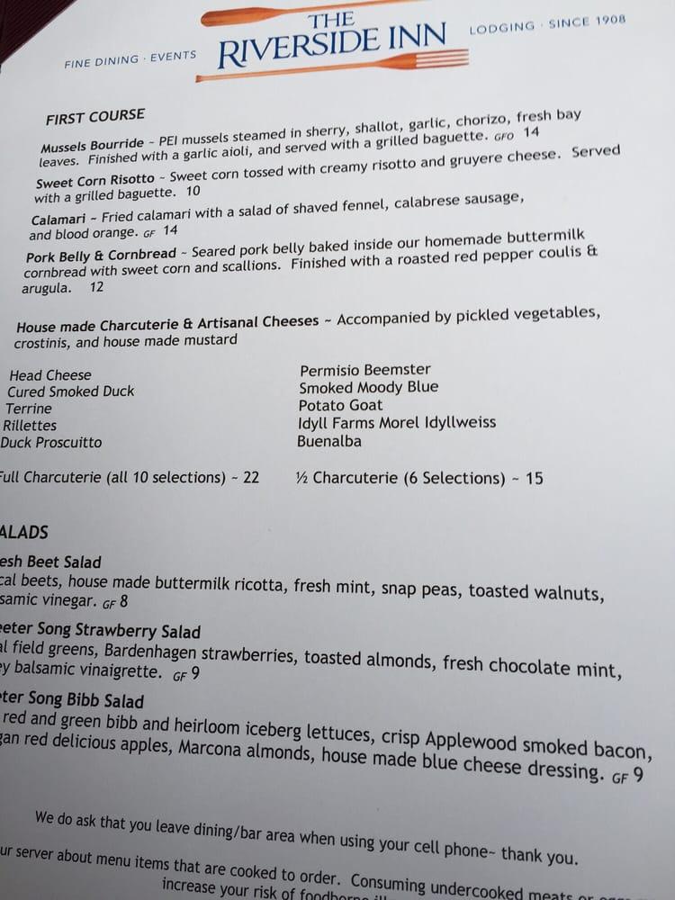 Menu at The Riverside Inn restaurant, Leland