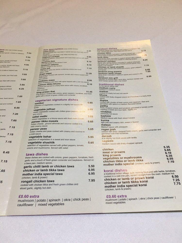 Menu at Mother India restaurant, Sutton Coldfield, 60A Boldmere Rd