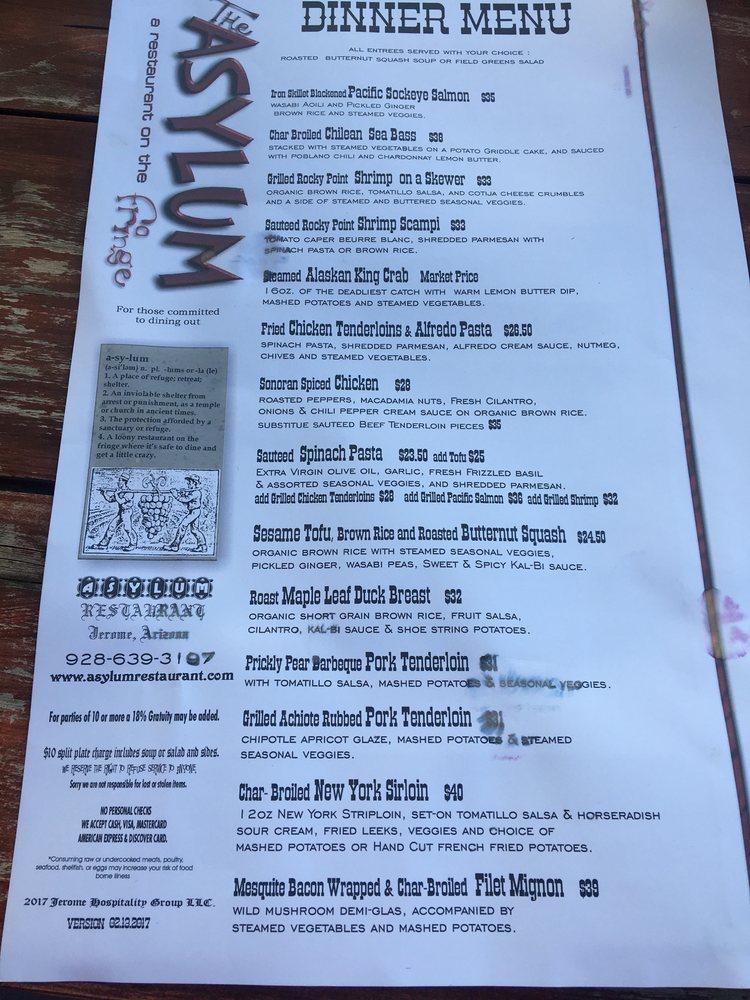 Menu at Asylum Restaurant, Jerome