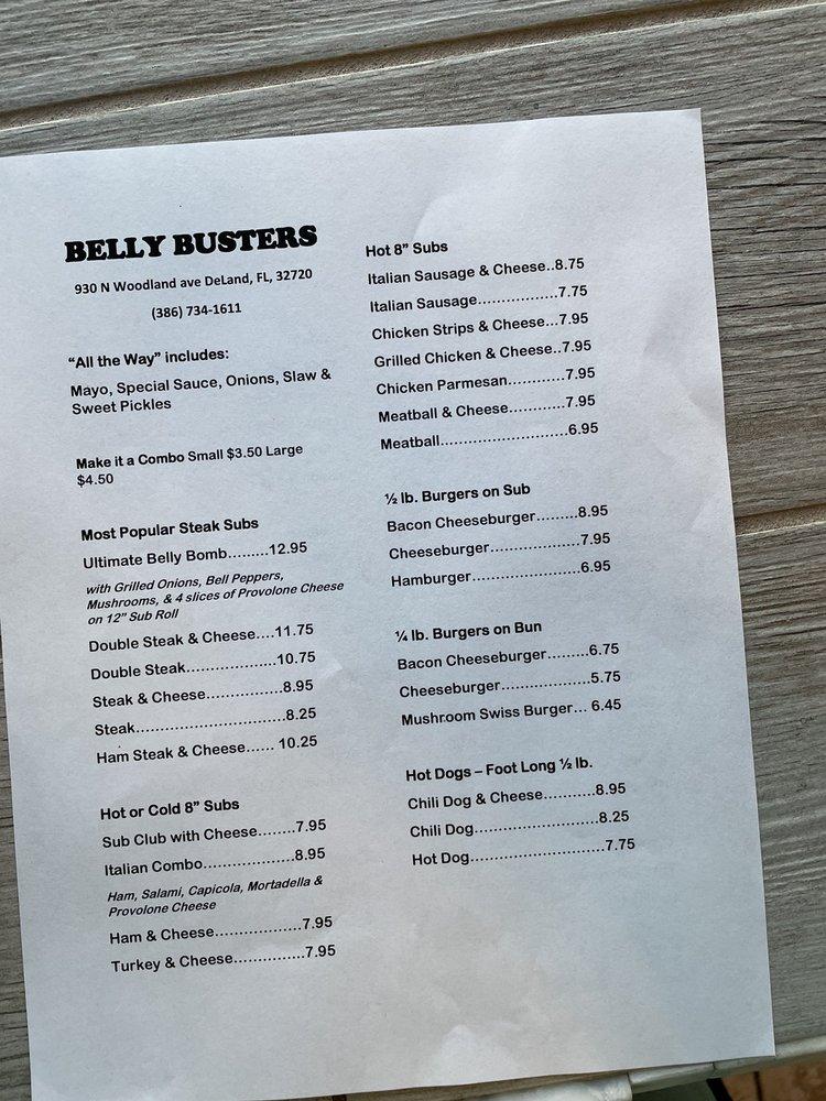 Menu at Belly Busters restaurant, DeLand, 930 N Woodland Blvd