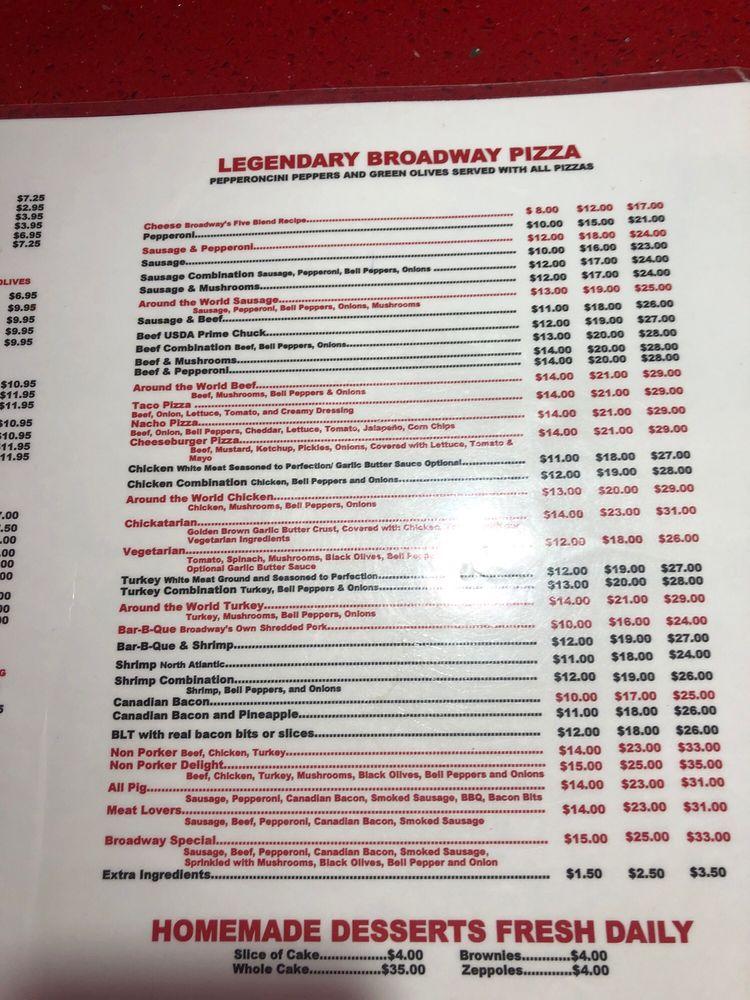 Menu at Broadway Pizza East pizzeria, Memphis, 629 S Mendenhall Rd