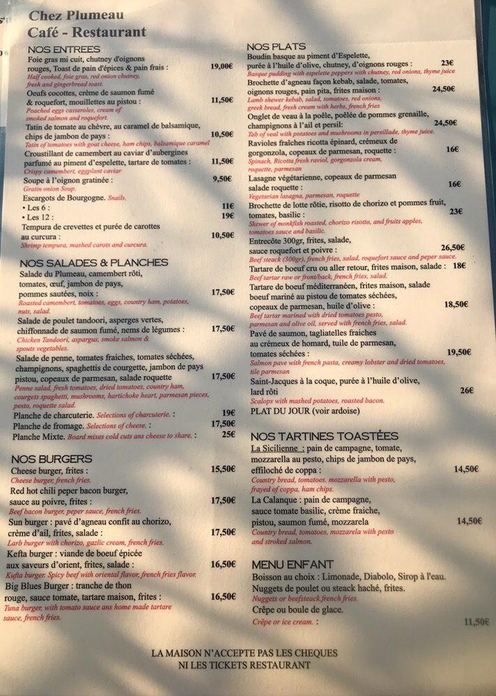 Menu at Chez Plumeau restaurant, Paris